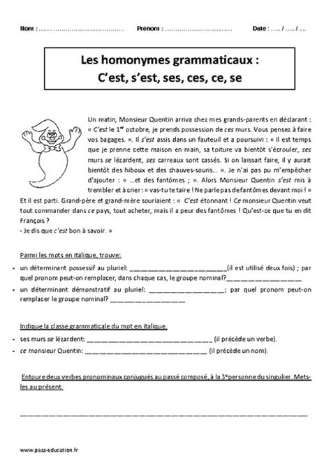 Homonymes Grammaticaux Cest Sest Ses Ces Ce Se Cm2