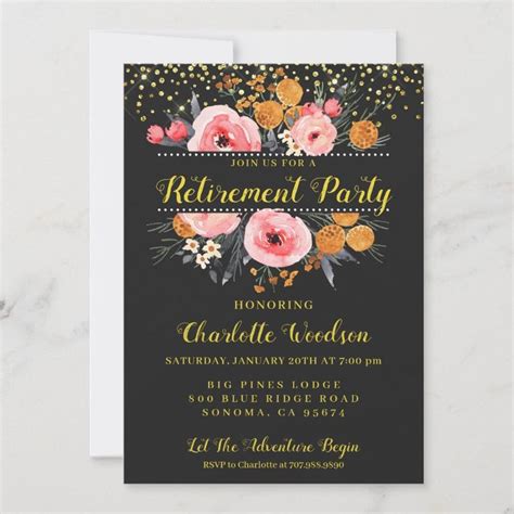 An Elegant Retirement Party Card With Flowers And Sparkles On The
