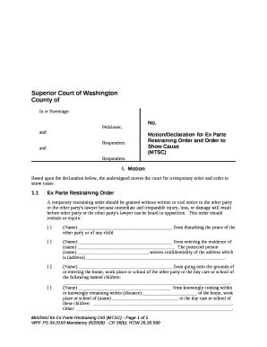 Motion Declaration For Ex Parte Restraining Order And Order To Show