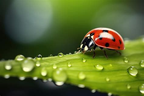 Premium Ai Image Close Up Lady Bug On Leaf With Water Droplet Over