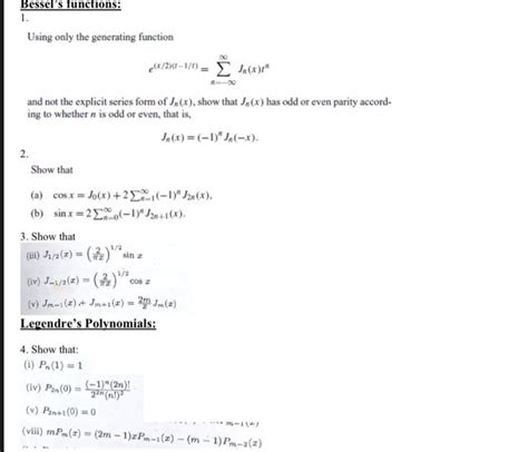 Solved Bessel S Functions Using Only The Generating Chegg