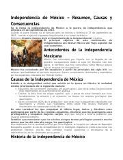 Independencia de Méxic1 docx Independencia de México Resumen Causas