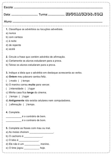 Atividades de português para o 5 ano sobre locução adjetiva SÓ ESCOLA