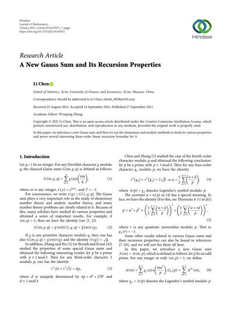 pdf a new gauss sum and its recursion properties
