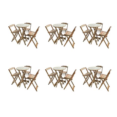 Kit 6 Jogos de Mesas Bistrô de Madeira Dobrável 3 Banquetas Crua