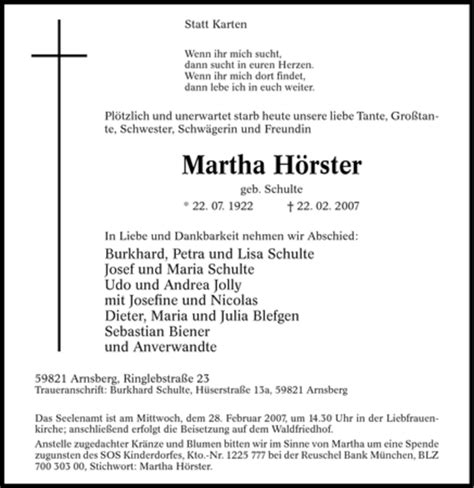 Traueranzeigen von Martha Hörster Trauer in NRW de