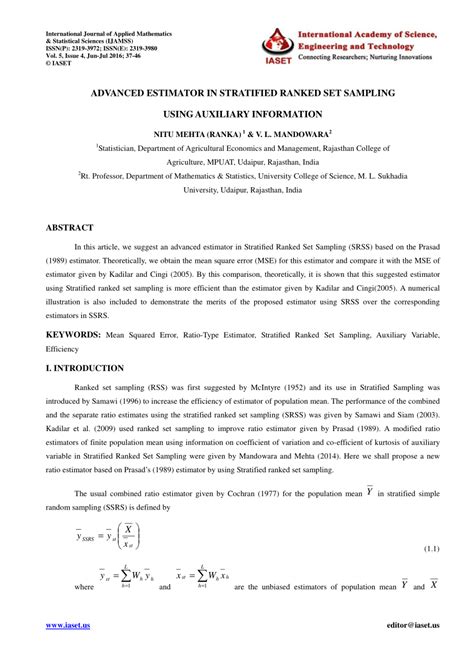 pdf advanced estimator in stratified ranked set sampling using auxiliary information