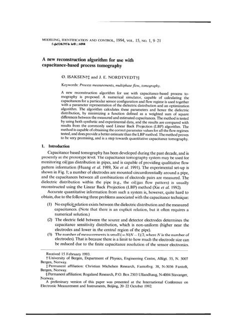 pdf a new recontruction algorithm for use with capacitance based tomography