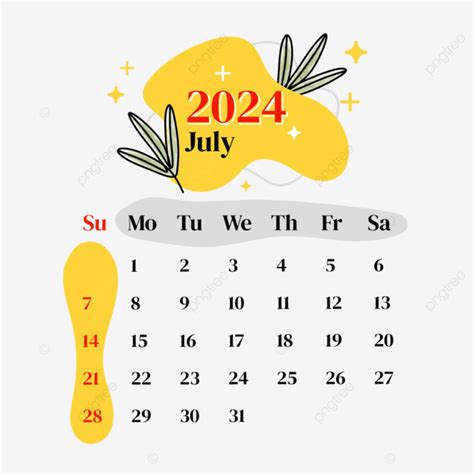 2024年7月の月間カレンダー ベクターイラスト画像とPNGフリー素材透過の無料ダウンロード Pngtree