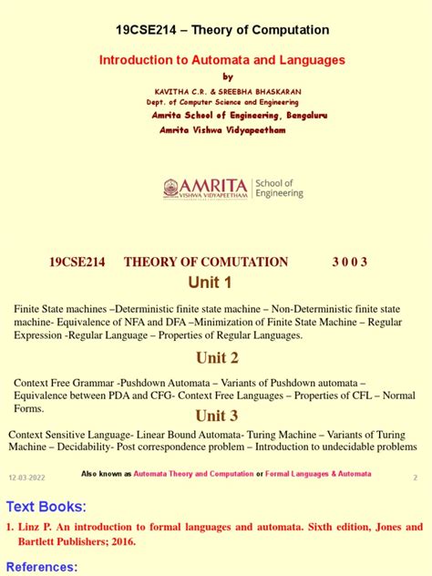 introduction to automata and languages 19cse214 theory of computation pdf theory of