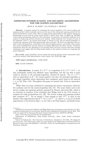 pdf improved inverse scaling and squaring algorithms for the matrix logarithm