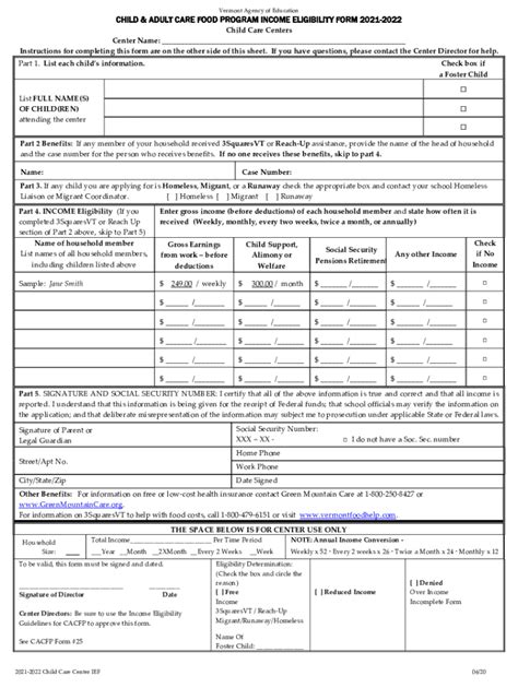 Fillable Online Education Vermont Cacfp Income Eligibility Form