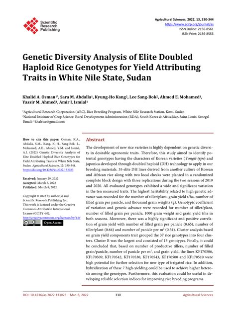 pdf genetic diversity analysis of elite doubled haploid rice genotypes for yield attributing