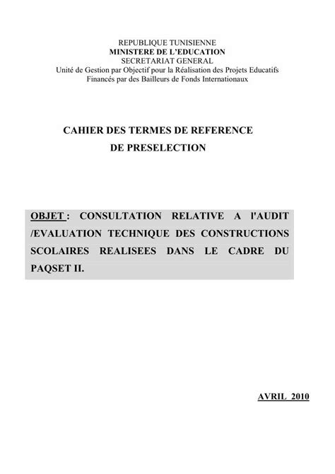 Pdf Cahier Des Termes De Reference De Preselection Dokumen Tips