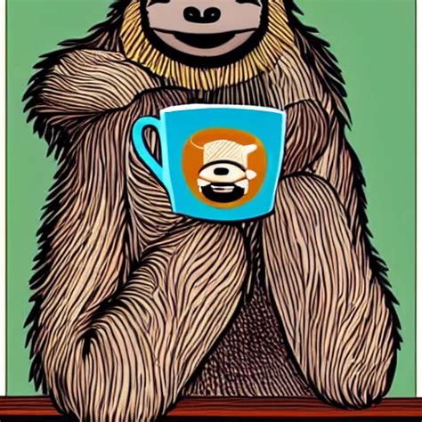 Photograph Of A Sloth Drinking Coffee Colorful Epic Stable