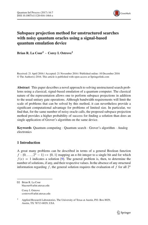 pdf subspace projection method for unstructured searches with noisy quantum oracles using a
