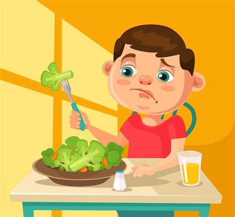 El personaje infantil no quiere comer brócoli Vector Premium