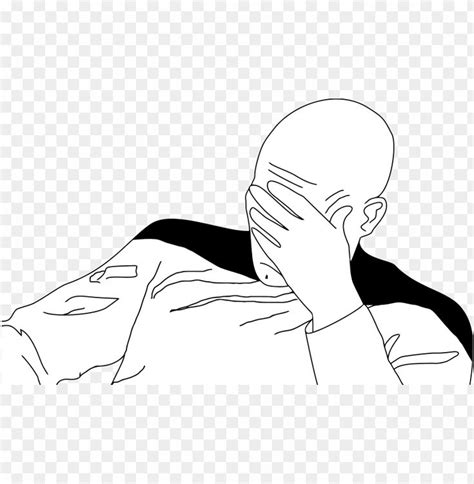 A Black And White Drawing Of A Person Covering Their Face With His
