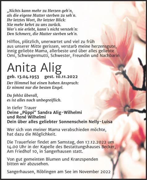 Traueranzeigen Von Anita Alig Abschied Nehmen De