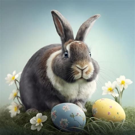 Conejito De Pascua Junto A Huevos Y Flores Concepto De Primavera