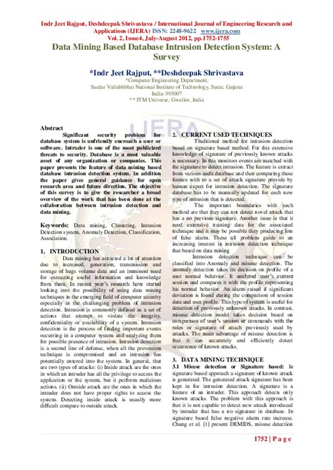 pdf data mining based database intrusion detection system a survey