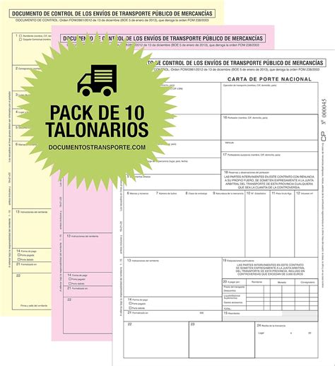 Pack 10 Talonarios CARTA DE PORTE NACIONAL tamaño A4 Autocopiativos
