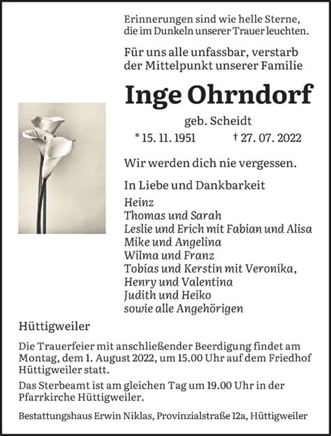 Traueranzeigen Von Inge Ohrndorf Saarbruecker Zeitung Trauer De