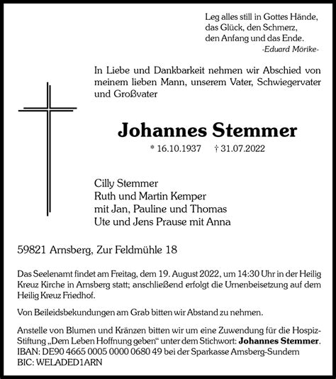 Traueranzeigen Von Johannes Stemmer Trauer In NRW De