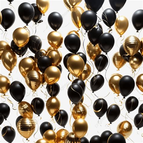 Floating Black And Gold Helium Balloons Isolated On Transparent