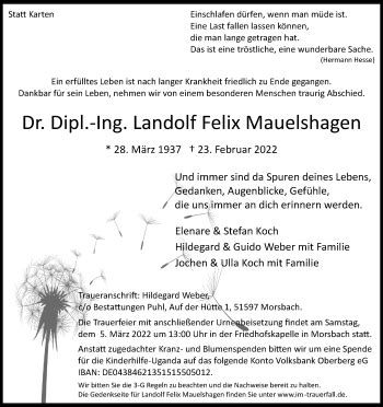 Traueranzeigen Von Landolf Felix Mauelshagen WirTrauern