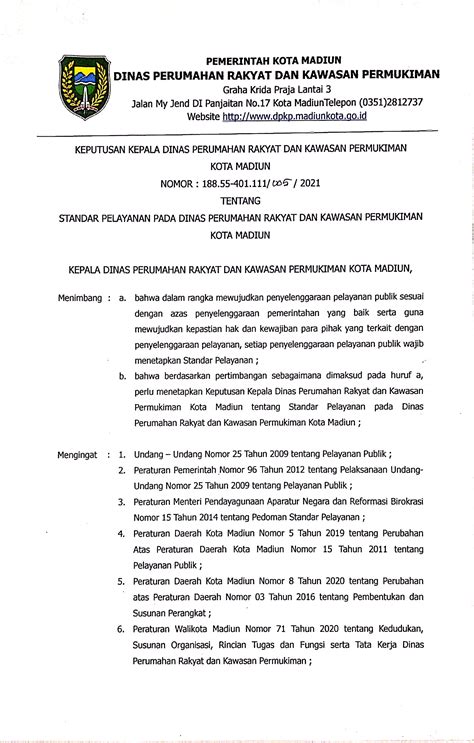 Standar Pelayanan Dinas Perumahan Rakyat Dan Kawasan Permukiman Kota