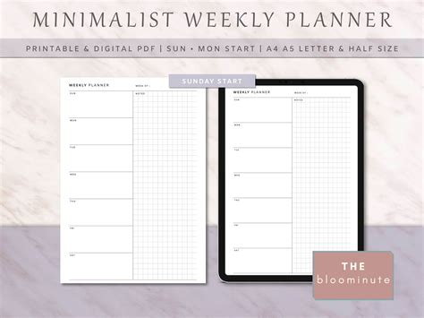 Minimalist Weekly Planner Printable PDF Week On 1 Page Simple Etsy
