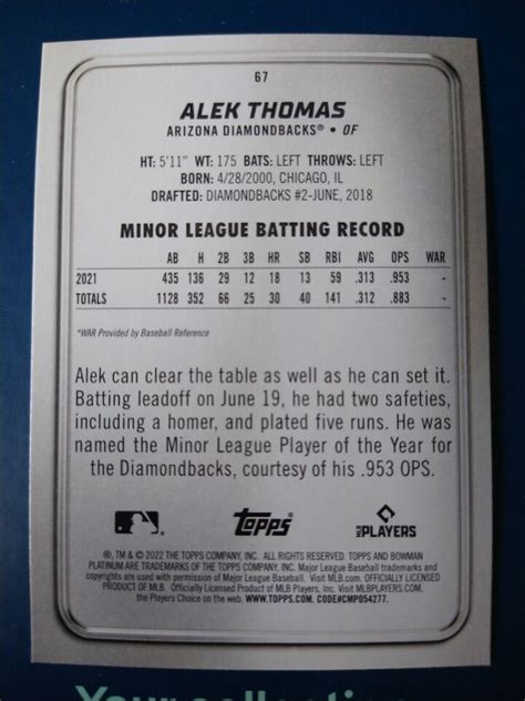 2022 Bowman Platinum Alek Thomas 67 Arizona Diamondbacks Rookie RC EBay