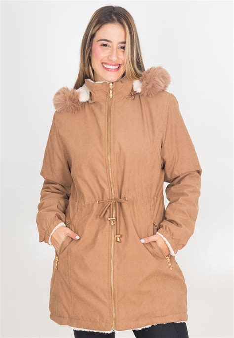 Jaqueta Parka Feminina Sarja Dupla Face Peluciada Capuz