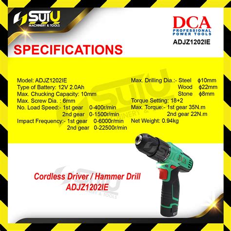 DCA ADJZ1202IE 12V 35NM Cordless Driver Hammer Drill 1500RPM W 2 X