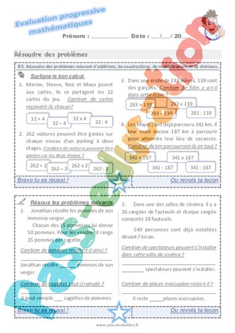 Evaluation progressive par compétences Calculs CM1 pdf à imprimer