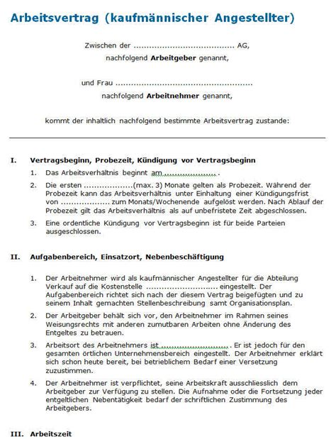 Muster Arbeitsvertrag Angestellte