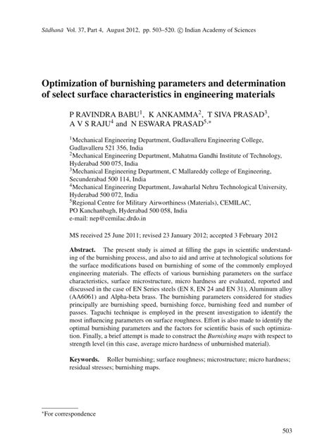 pdf optimization of burnishing parameters and determination of select surface characteristics