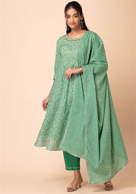 Buy Women Green Floral Print Cotton Anarkali Kurta With Pants And