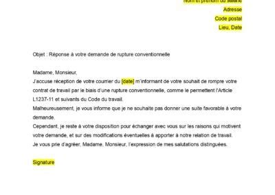 Lettre De Refus Dune Demande De Rupture Conventionnelle à Télécharger