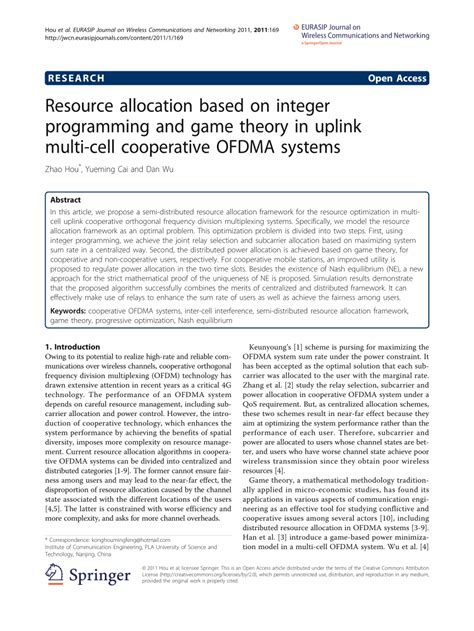 pdf resource allocation based on integer programming and game theory in uplink multi cell