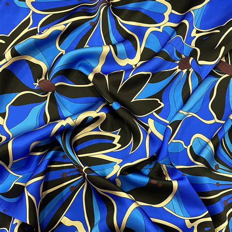 Tissu Satin Soie Imprim Larges Fleurs Bleues Tissus En Ligne