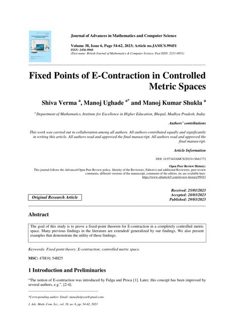 pdf fixed points of e contraction in controlled metric spaces