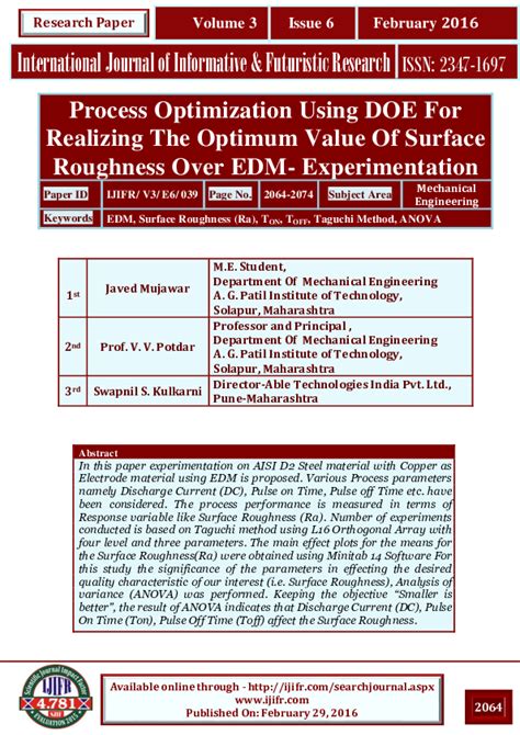 pdf process optimization using doe for realizing the optimum value of surface roughness over