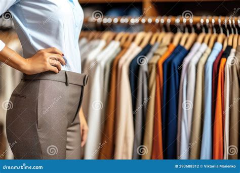 Clienta Femenina Al Fondo De Las Perchas Con Ropa En Una Tienda Foto De