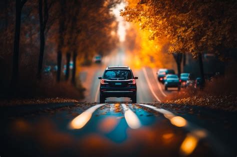 Premium Photo An Image Of Car Driving Down Road In The Fall Generative Ai