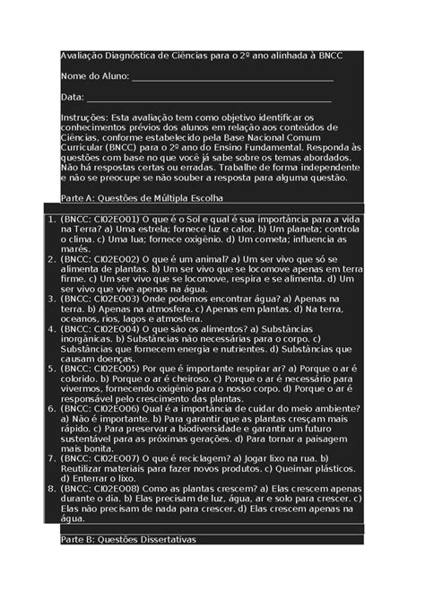 Avaliação Diagnóstica de Ciências para o 2º ano alinhada à BNCC