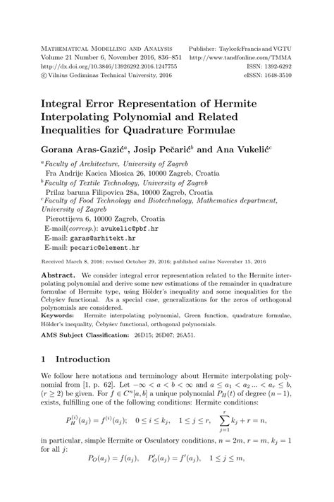 pdf integral error representation of hermite interpolating polynomial and related inequalities