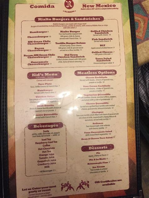 Menu At El Rialto Restaurant Las Vegas