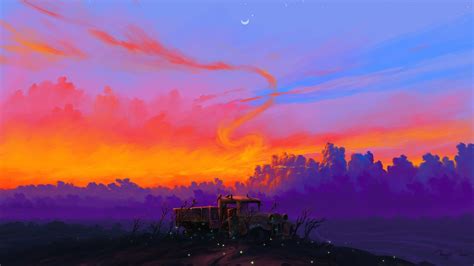 Digital Painting Car Moon Night Clouds Sky Bisbiswas Landscape